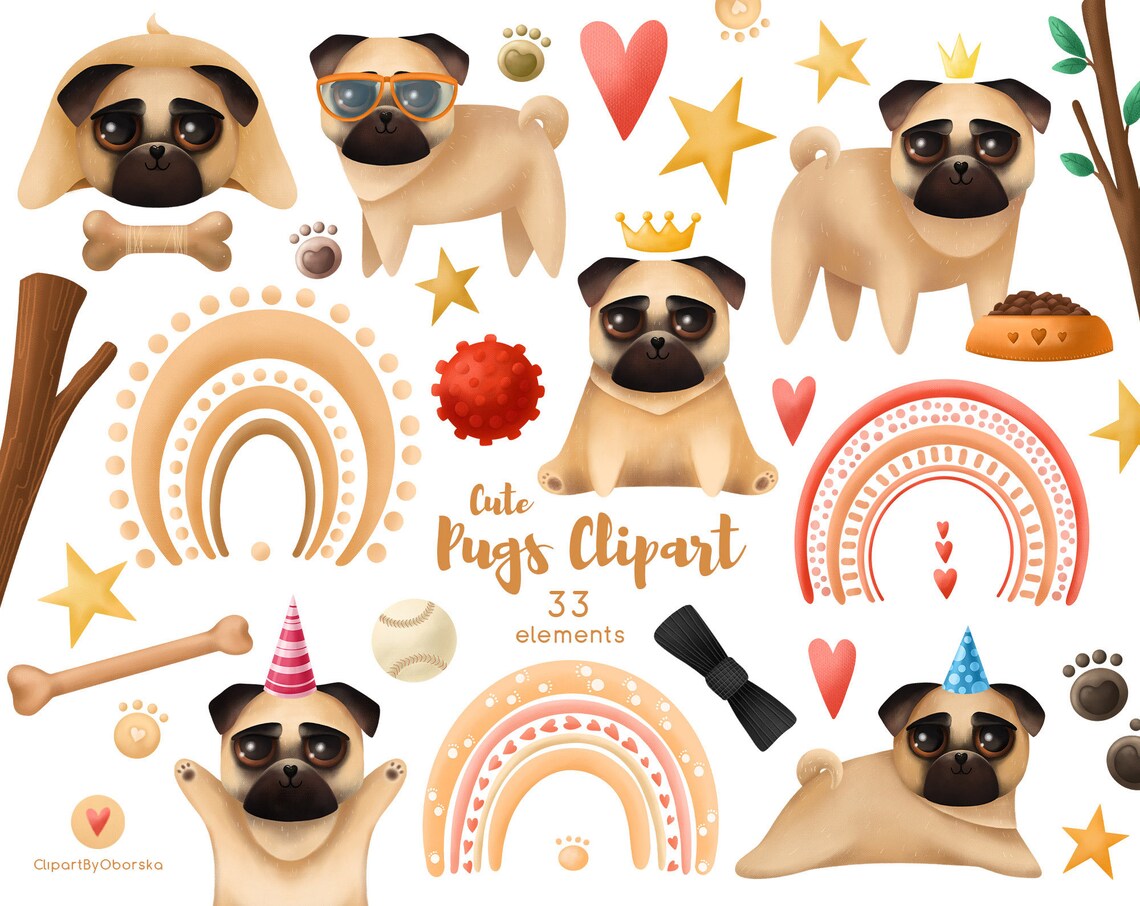 Pug Clip Art, Cute Pug Clipart, Commercial Use, Dog Clipart, Rainbow ...