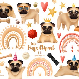Pug Clip Art, Cute Pug Clipart, Commercial Use, Dog Clipart, Rainbow ...