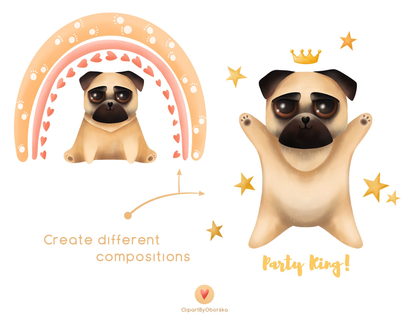 Pug Clip Art, Cute Pug Clipart, Commercial Use, Dog Clipart, Rainbow ...