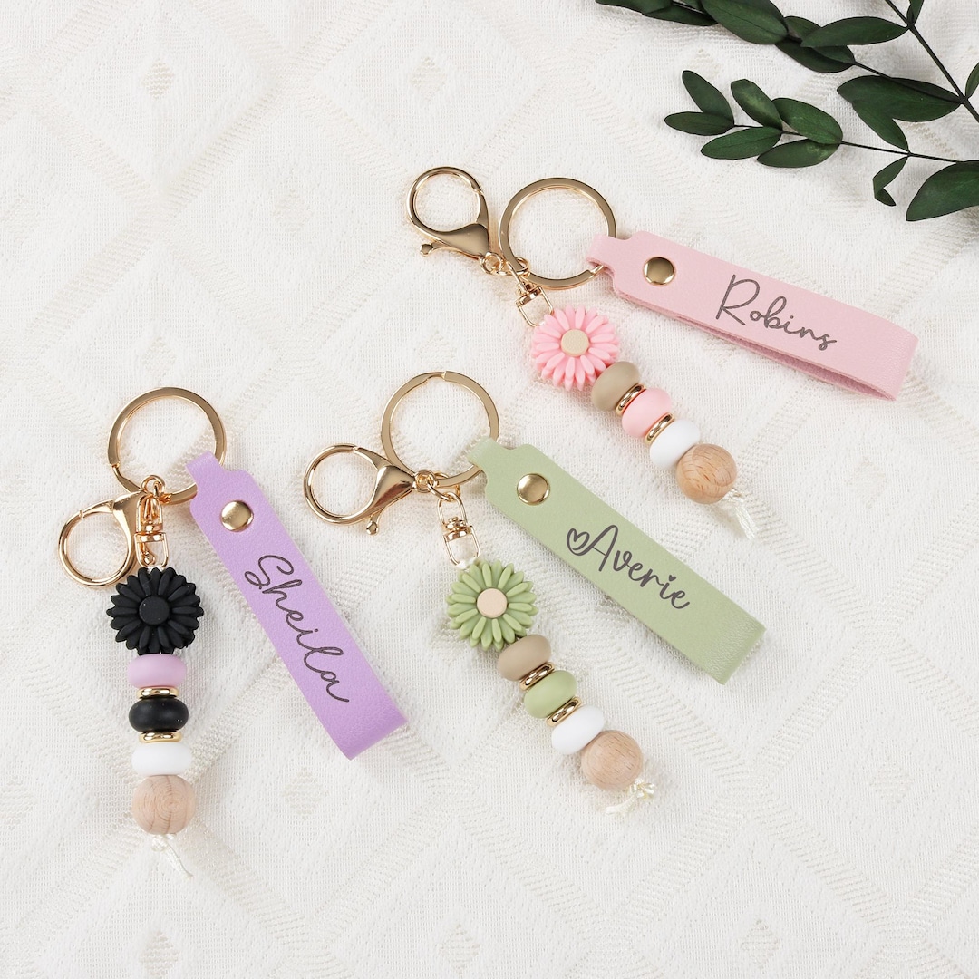 Personalised Keyring, Daisy Beaded Keyring, Faux Leather Keyring ...