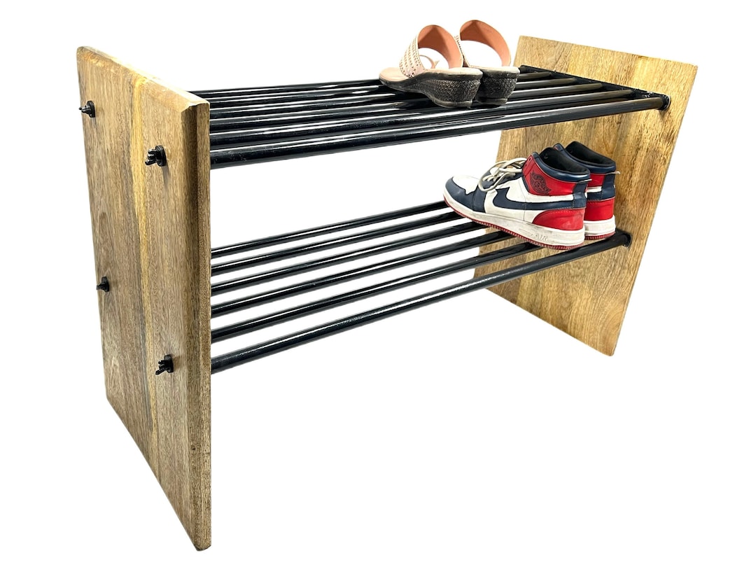 Two-tier Black & Natural Wood Shoe Rack Dazzling Design for Entryway ...