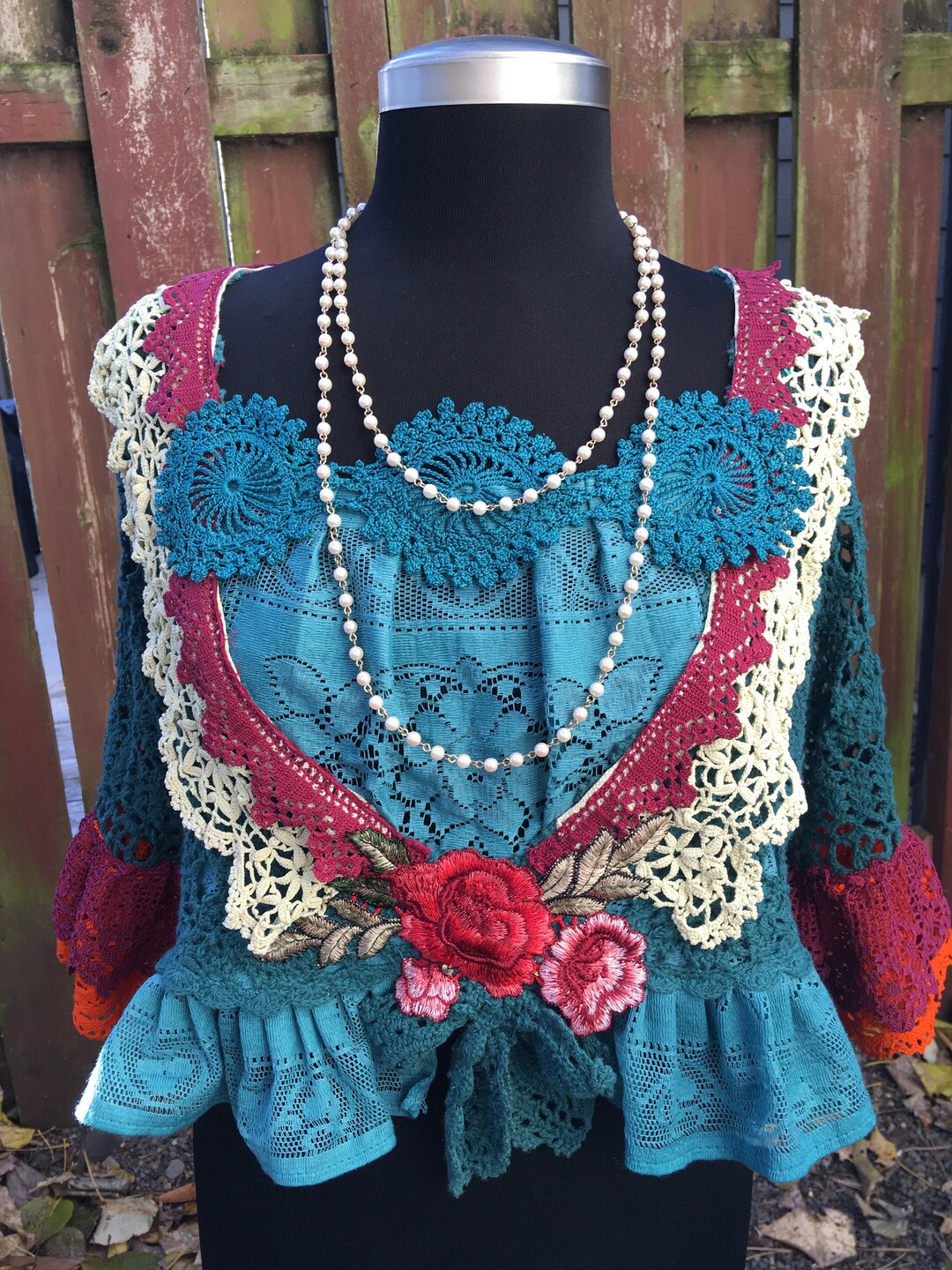 Boho Upcycled Vintage Lace Crocheted Sweater Top Womens Medium Petite ...