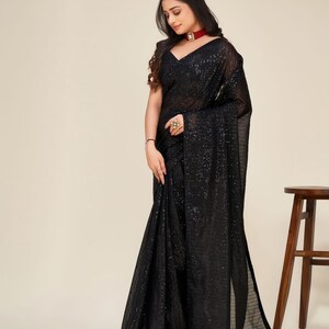 Black Heavy Georgette Sequence Embroidered Work Saree Saree - Etsy