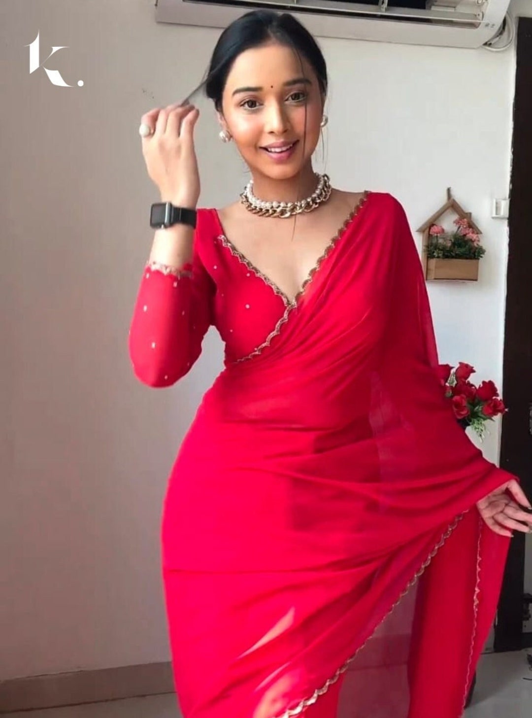 Buy Red Premium Georgette Handwork Cutwork Ready to Wear Saree ...