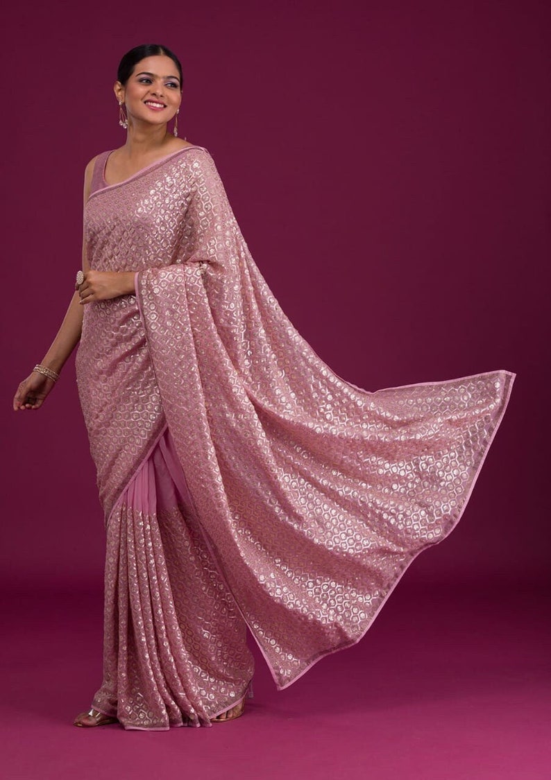Pink Soft Georgette Sequence Work Saree Saree for USA Women - Etsy