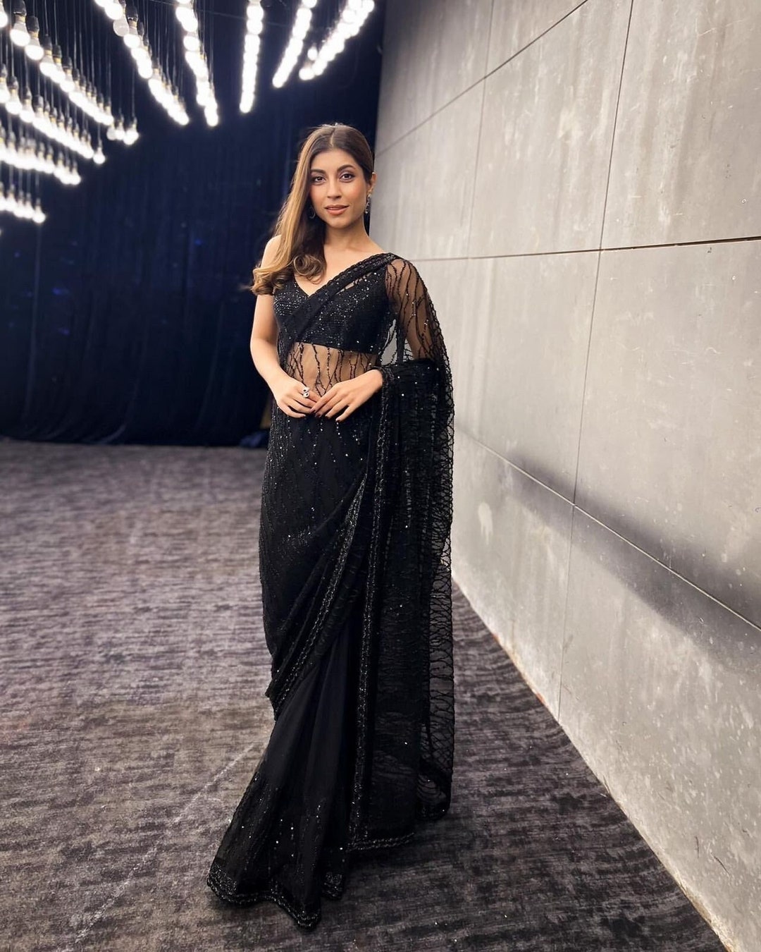 Black Mono Net Sequence Work Saree, Saree for USA Women, Designer Saree ...