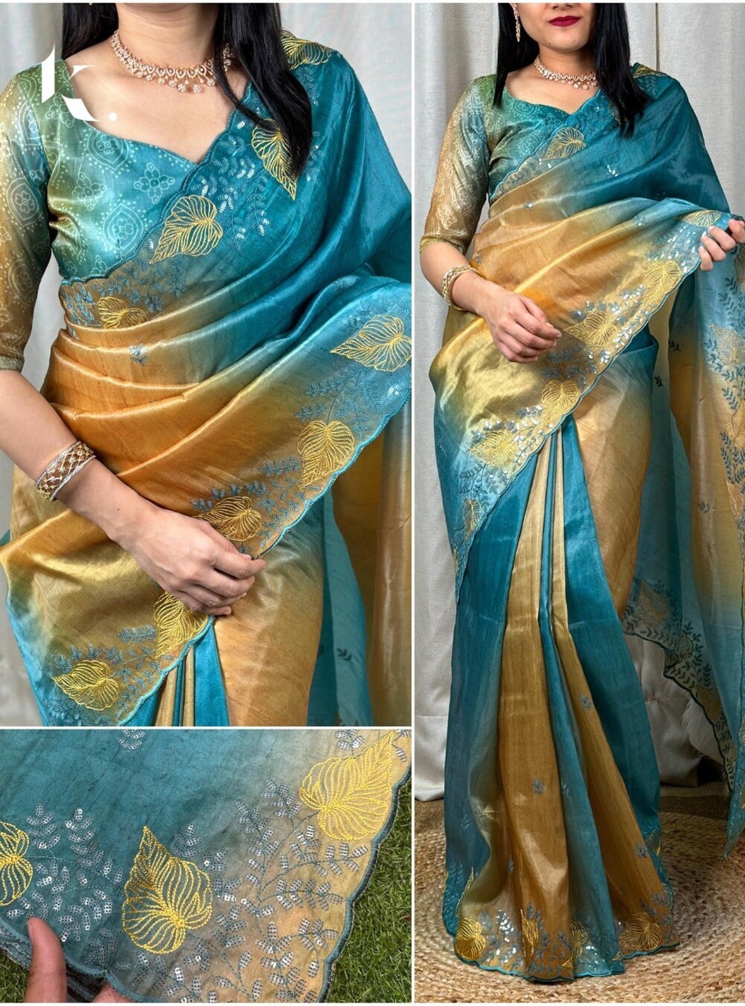 Sky Blue Glass Satin Print With Thread and Sequins Embroidered Saree ...