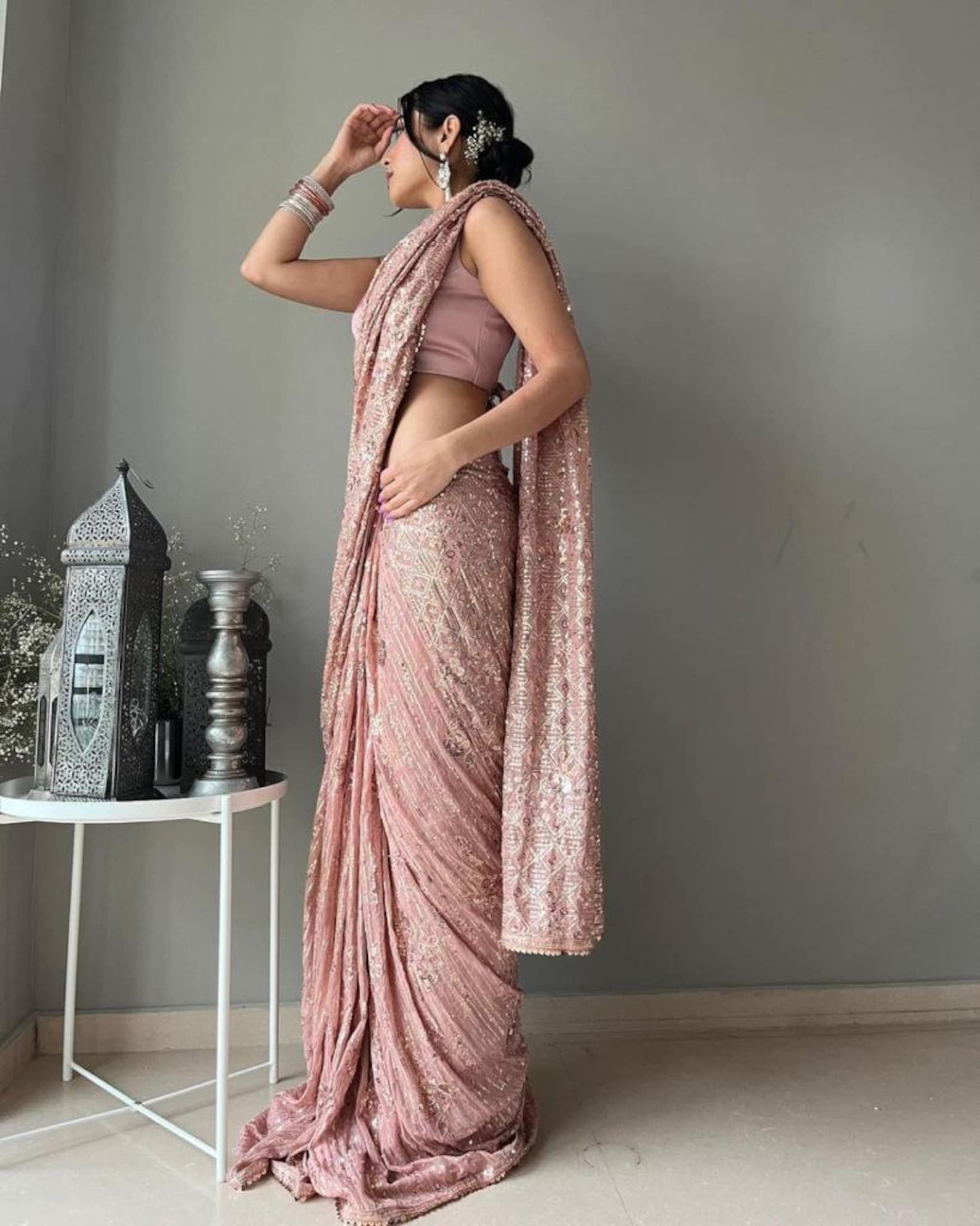 Buy Peach Color Designer Looking Saree Soft Georgette Sequence Online in India - Etsy