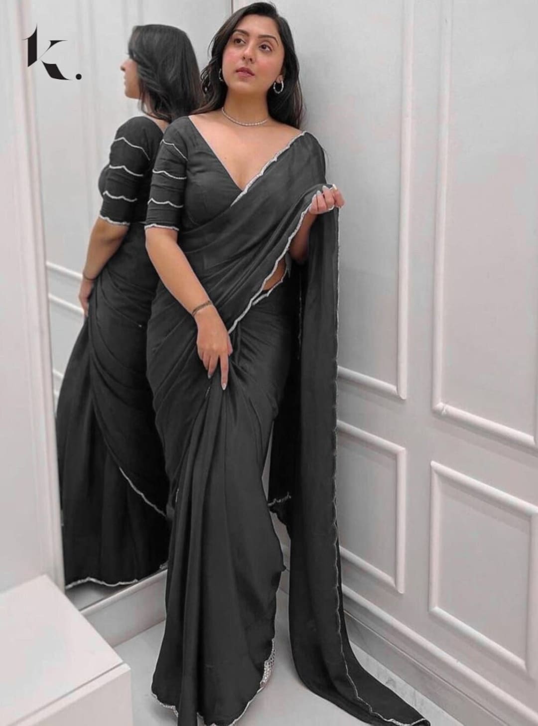 Black Pure Crape Silk Silver Handwork Cutwork Border Saree, Saree for ...