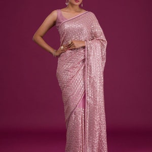 Pink Soft Georgette Sequence Work Saree, Saree for USA Women, Designer ...