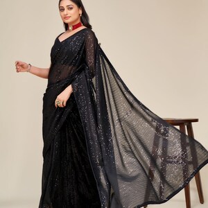 Black Heavy Georgette Sequence Embroidered Work Saree Saree - Etsy