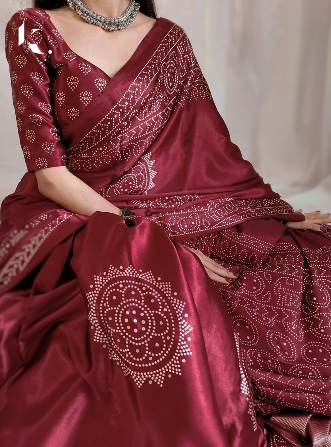 Maroon Semi Gaji Silk Satin Foil Work Saree Saree for USA - Etsy