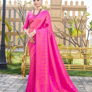 Rose Pink Kubera Pattu Silk Saree With Blouse Saree for USA - Etsy