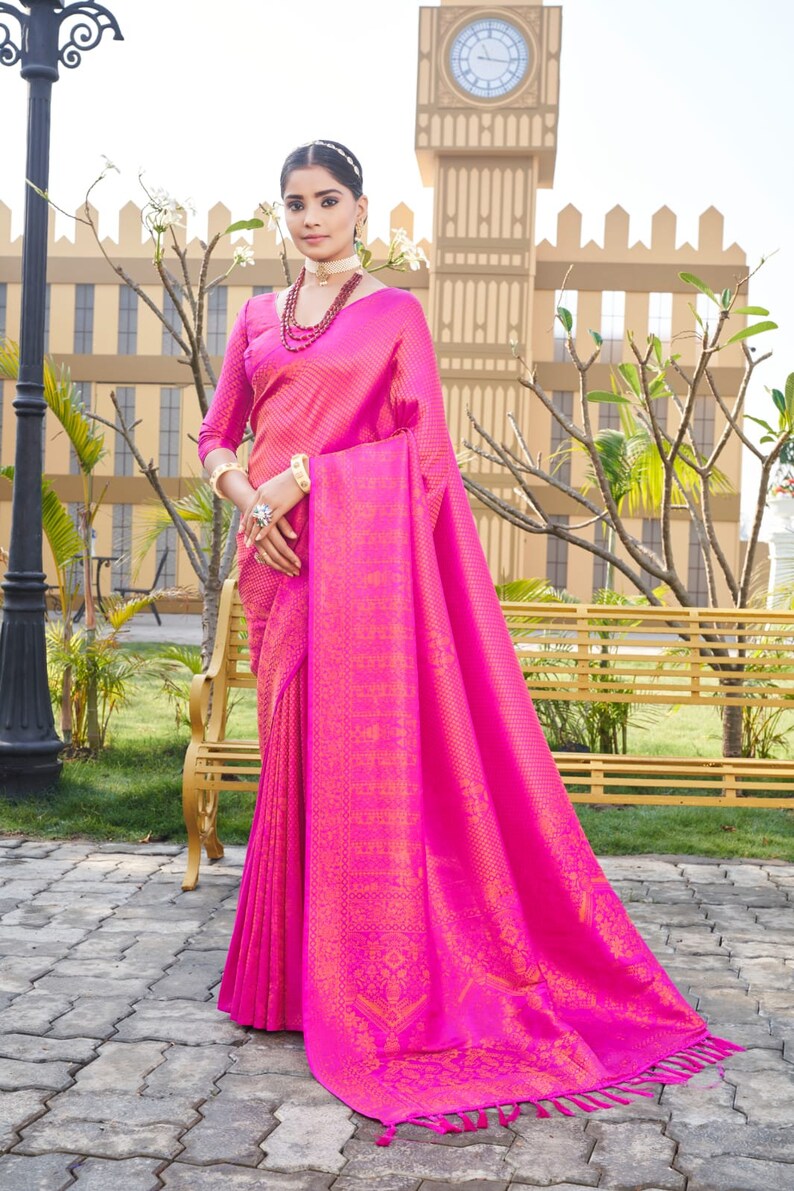 Rose Pink Kubera Pattu Silk Saree With Blouse Saree for USA - Etsy