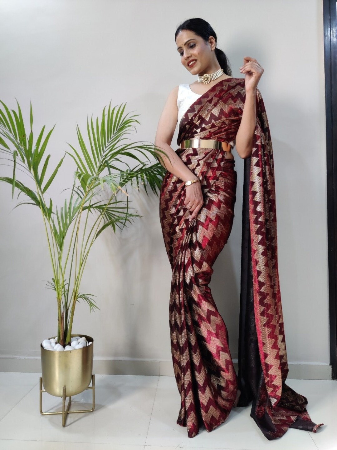 Red Foil Print Ready to Wear Saree Saree for USA Women - Etsy