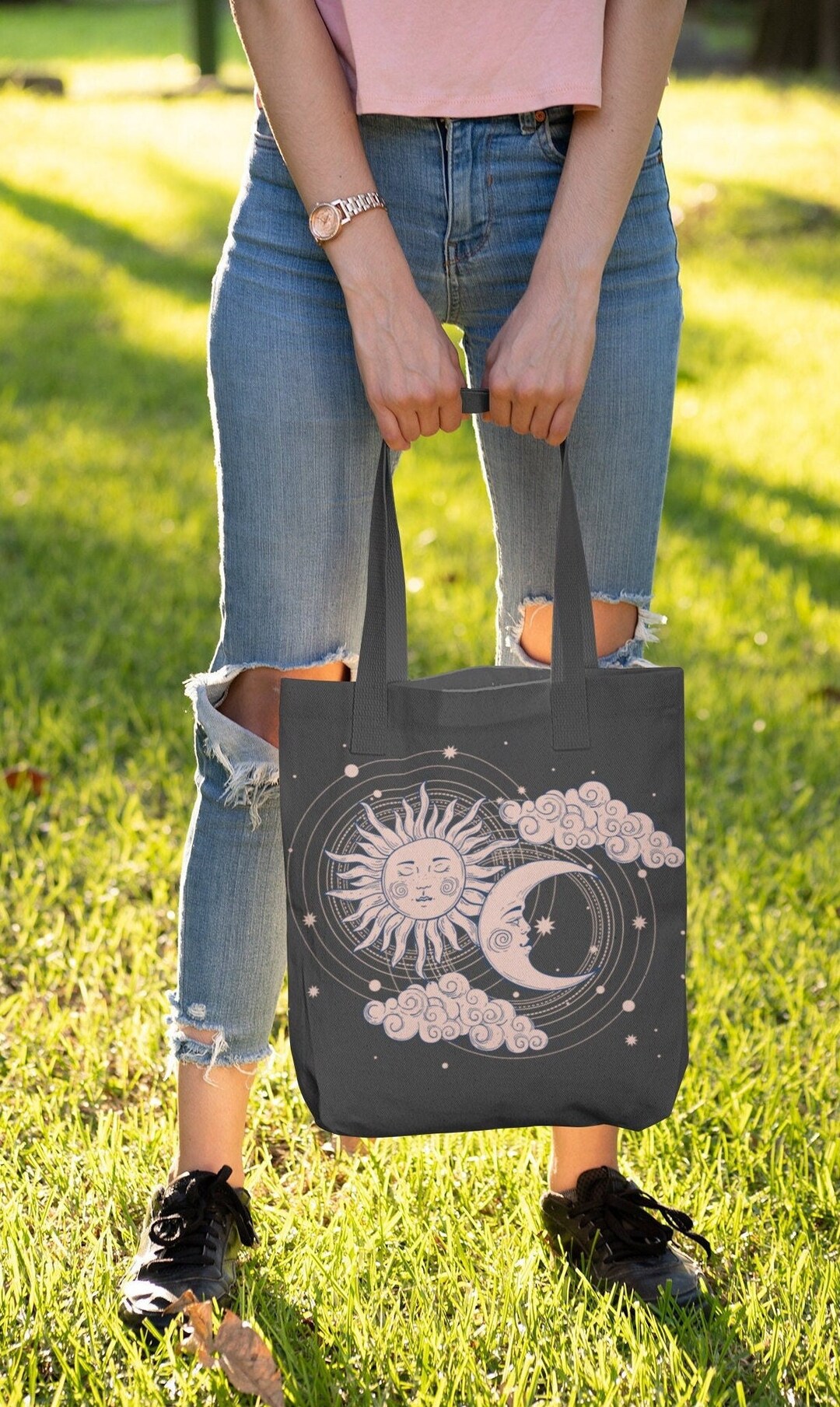 Sun and Moon Canvas Tote Bag, Celestial Tote Bag, Witchy Tote Bag, Moon ...