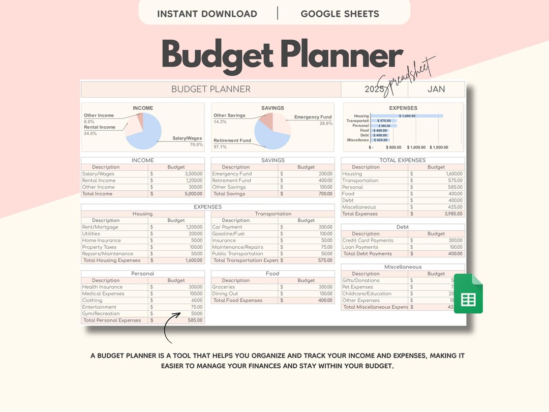 Budget Planner Tool - Manage Your Monthly Finances, Track Expenses, and ...