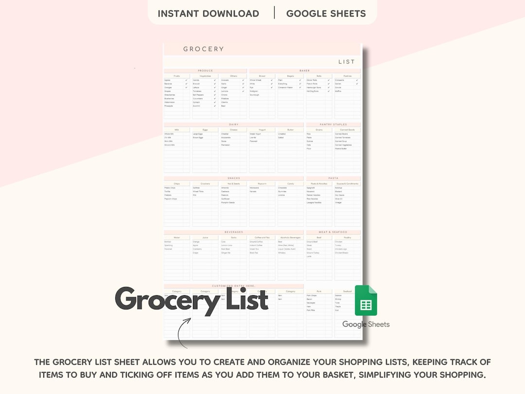 Spreadsheet Grocery List - Editable Shopping Planner, Meal Prep ...