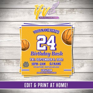 Digital Invitation Los Angeles Laker Theme Birthday Invitation ...