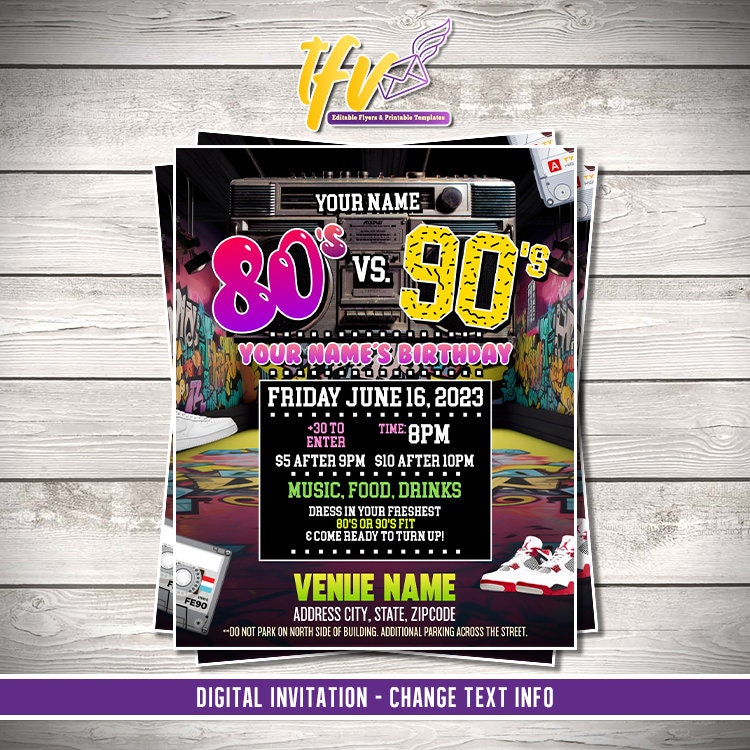 80s Vs 90s Party Invitation Template Retro Party Flyer Customizable