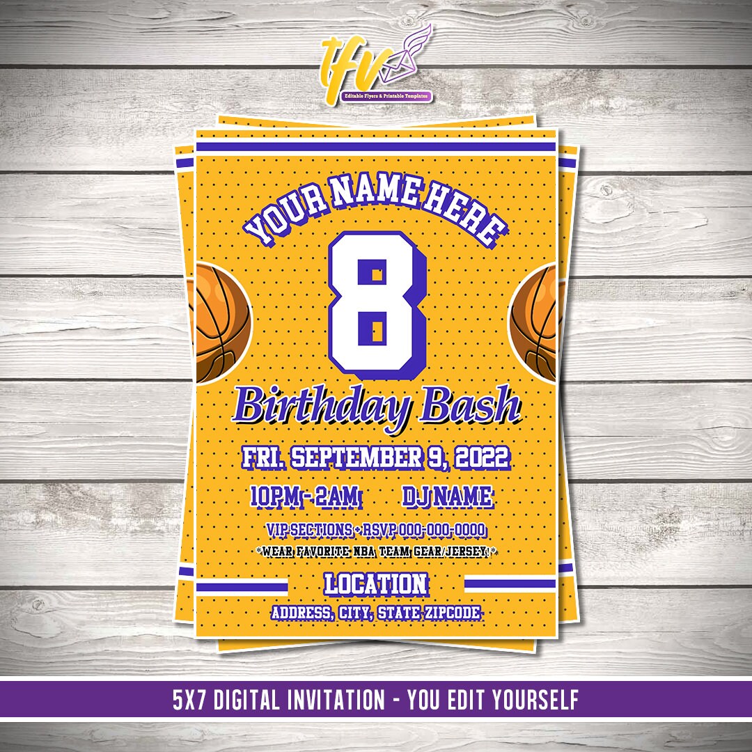 Lakers Birthday Invitaiton Template, 5x7 Basketball Party Invitation ...