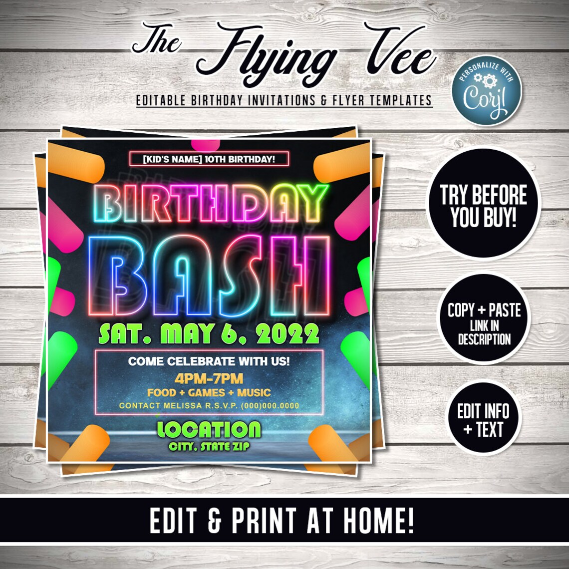 Editable Birthday Bash Invitation Glow Birthday Party - Etsy