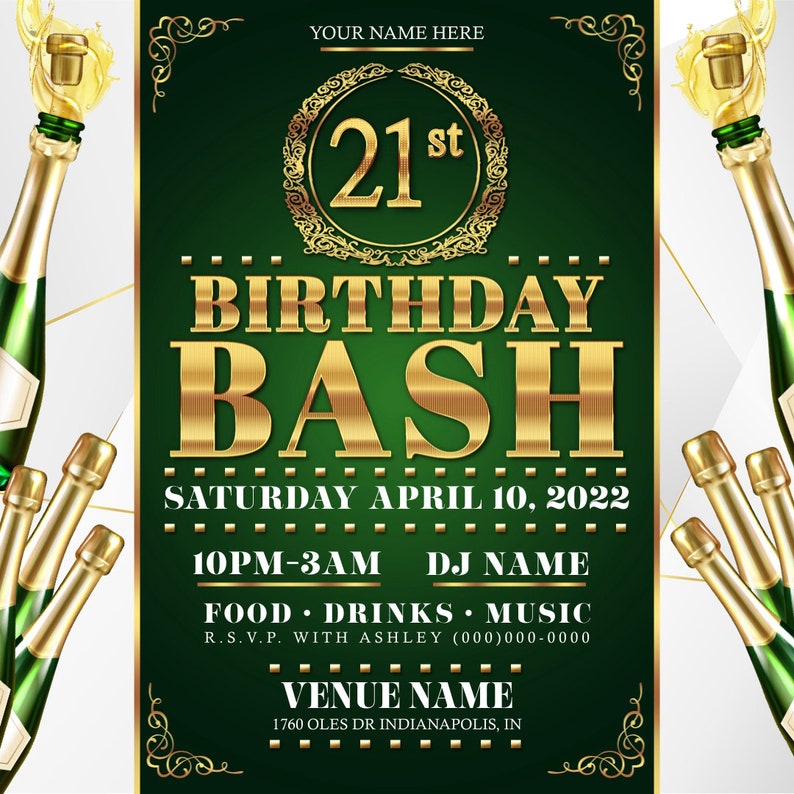 Editable Invitation 21st Birthday Bash Flyer Template Gold Etsy Finland