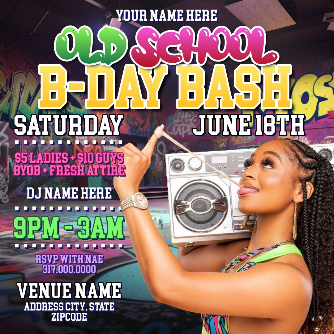Retro Birthday Invitation, Old School Party Flyer, Old School Hip Hop Party, Invitation Template ...