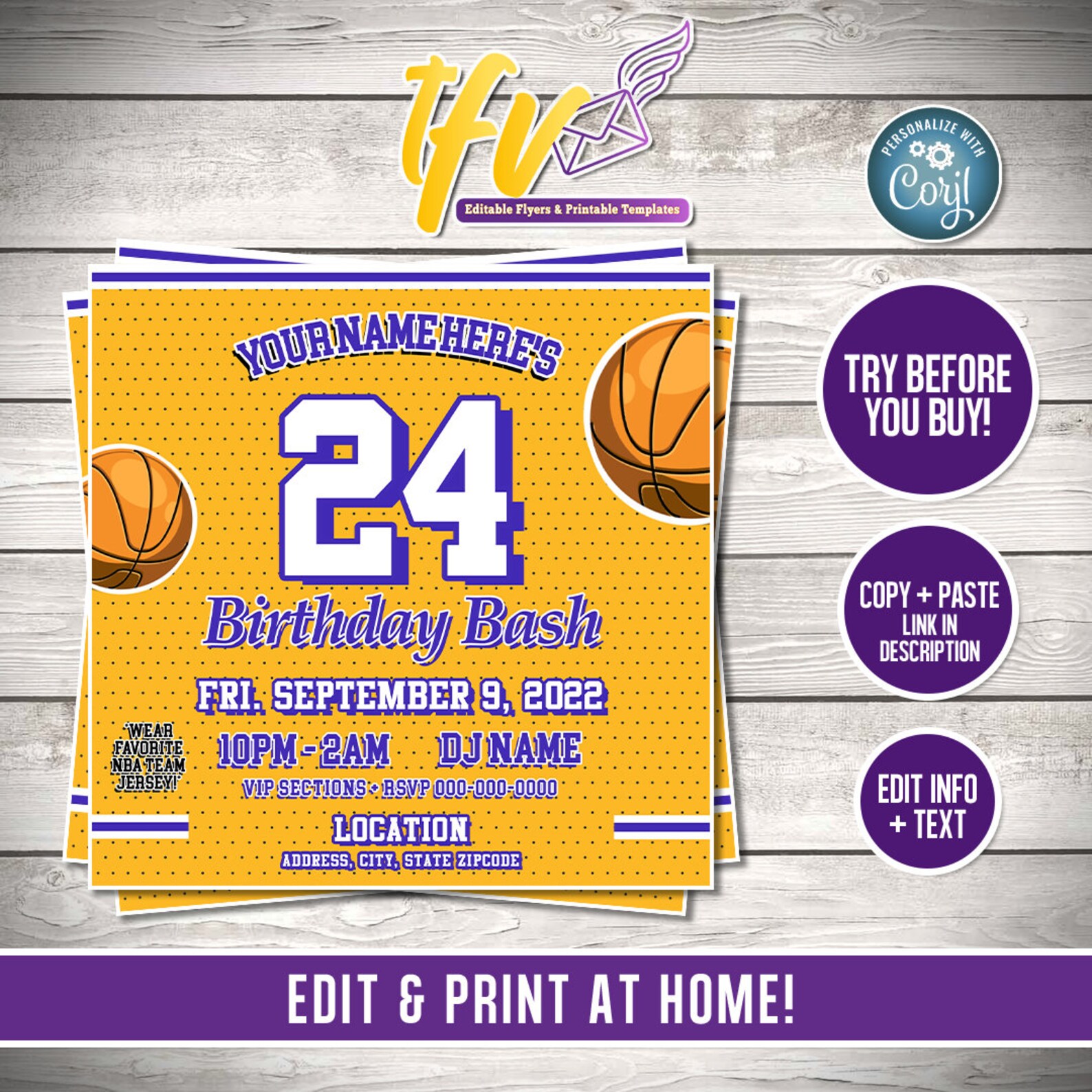 Digital Invitation Los Angeles Laker Theme Birthday Invitation ...