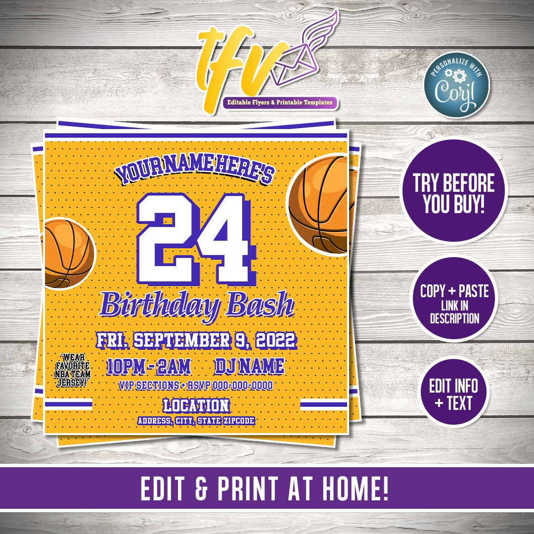 Digital Invitation Los Angeles Laker Theme Birthday Invitation ...