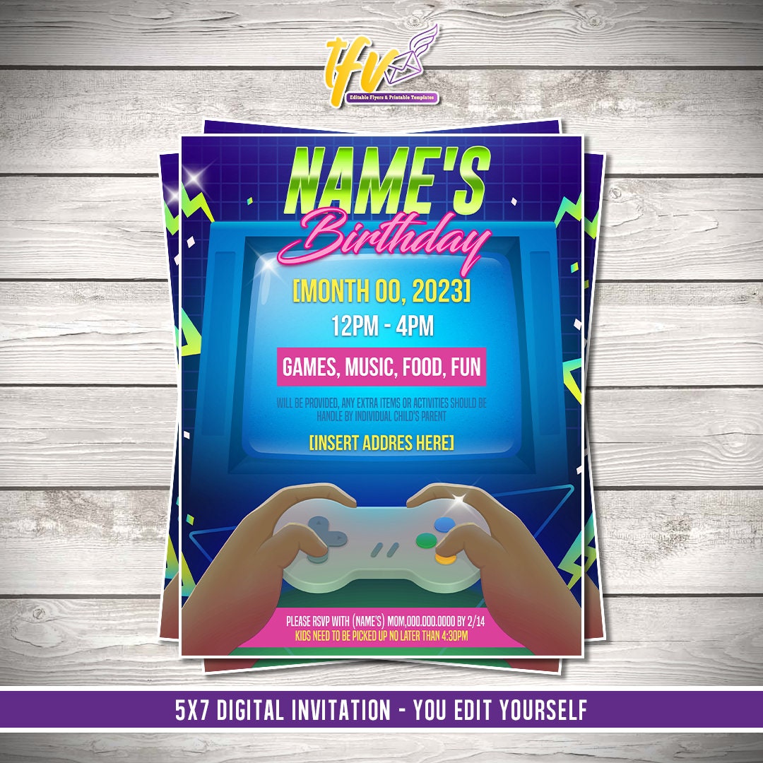 Editable Video Game Party Flyer, Personalized Birthday Invitation ...