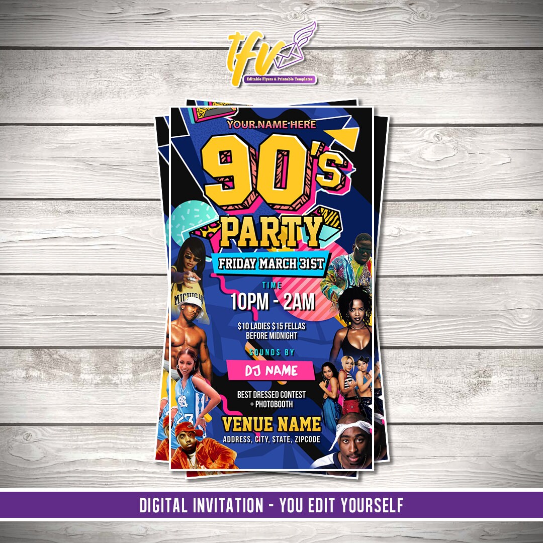 90s Party Invitation, 90s Party Decoration, 90s Party Invite, Editable ...