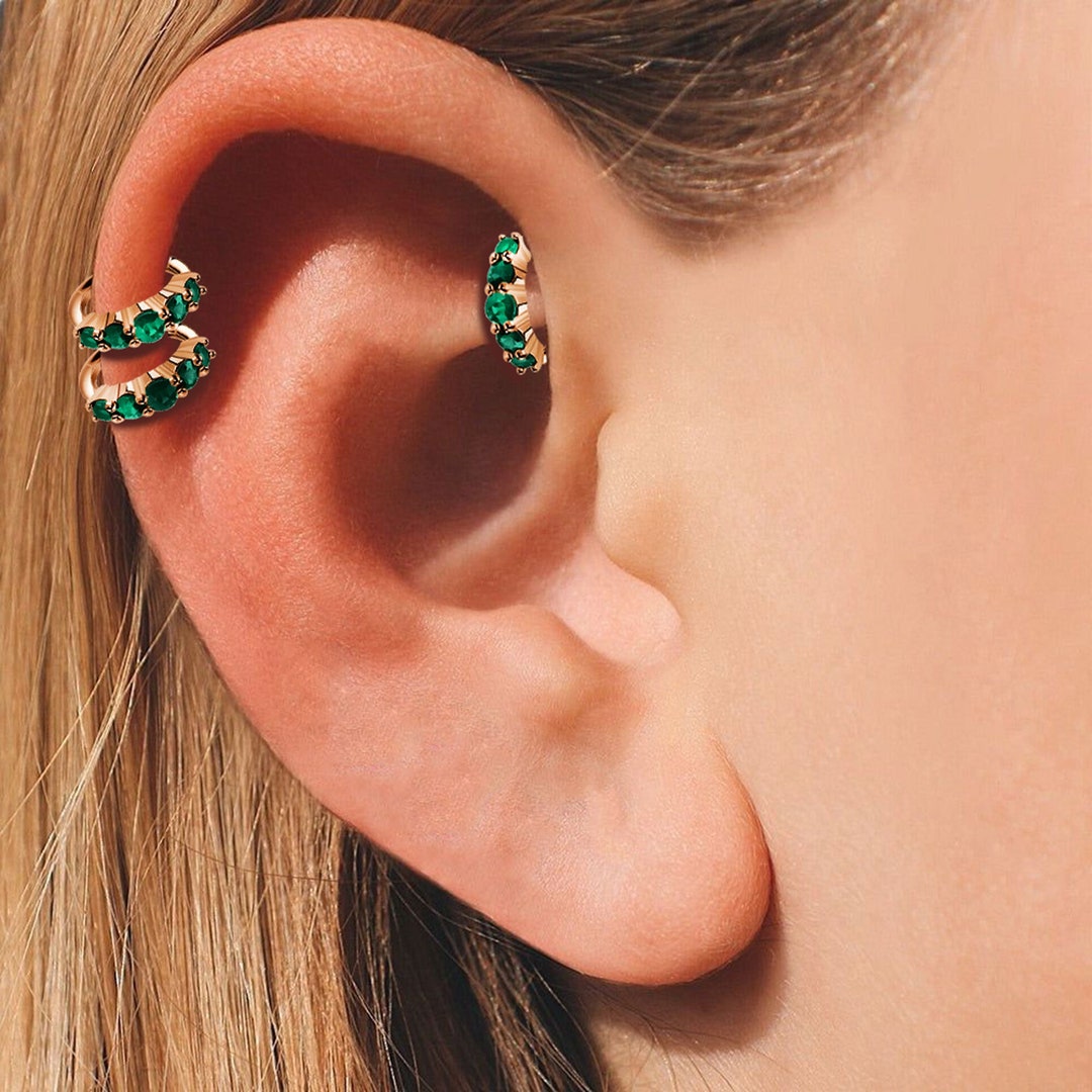 Cartilage Hoop Earring,five Emerald Design Earring,14k Yellow Solid ...