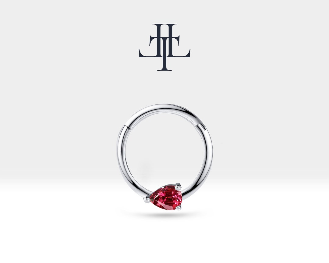 14K Gold Pear Ruby Daith Clicker, Real Gemstone Drop, Septum Ring, 16G ...