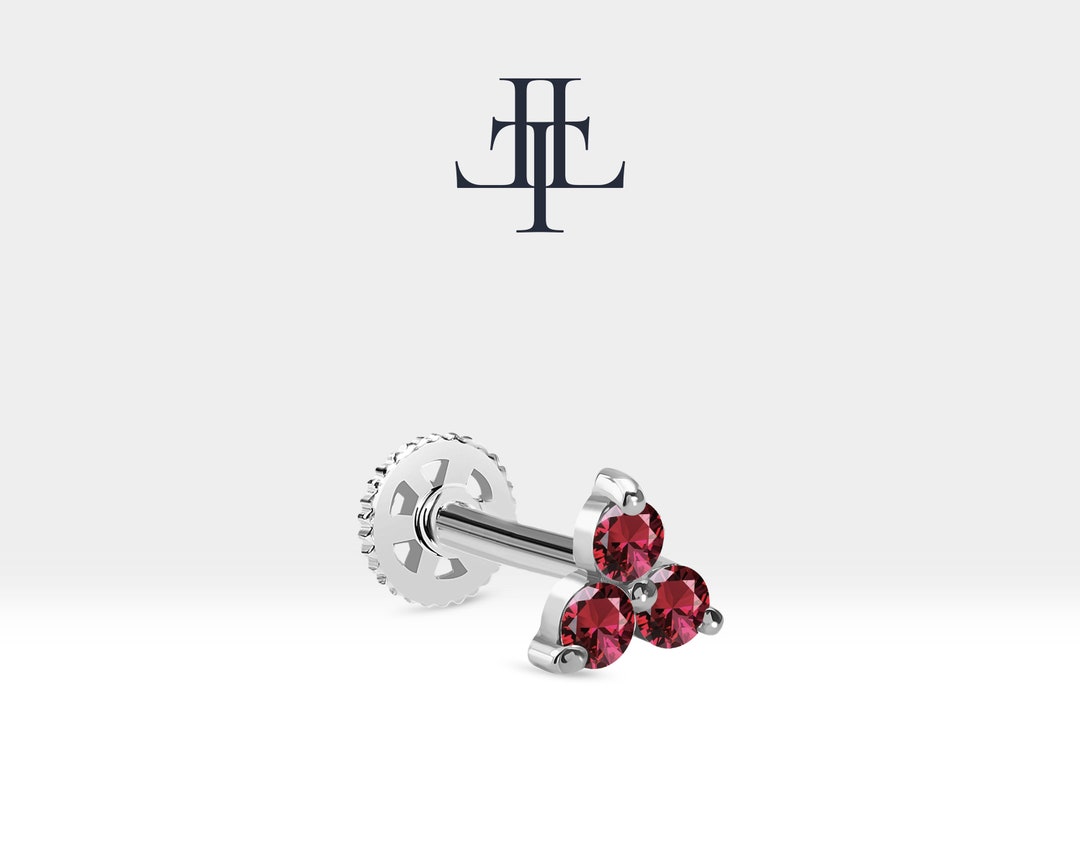 Cartilage Tragus Three Stone Piercing, Round Cut Ruby Piercing,14k ...