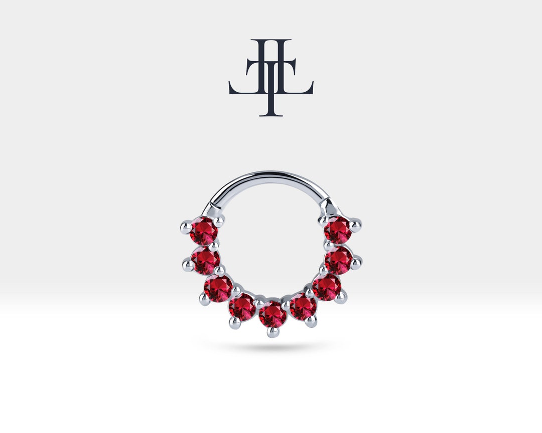 14K Gold Ruby Septum Ring, Real Red Gemstone Cluster, Daith Clicker ...