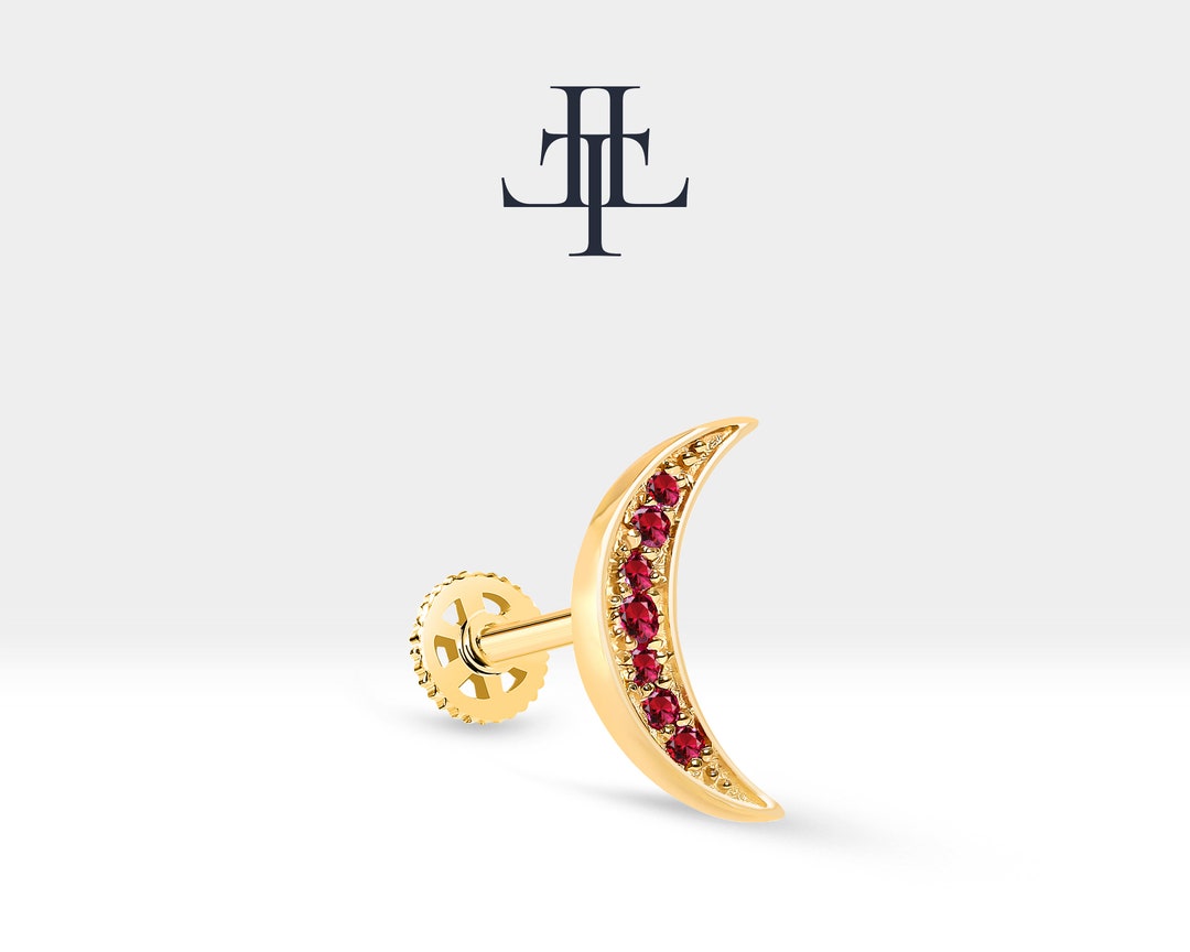 14K Gold Moon Ruby Cartilage Piercing: 16G Flat Back Earring - Etsy