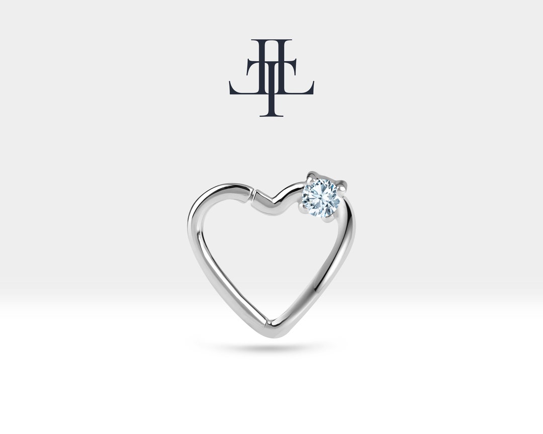 14K Gold Diamond Heart Clicker, 11mm Inner Ring, Right Left Ear Daith ...