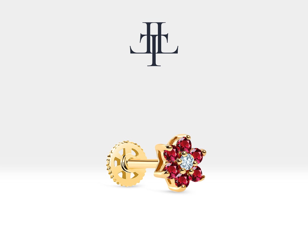 14K Gold Flower Cartilage Piercing: Ruby Diamond Tragus Earring ...