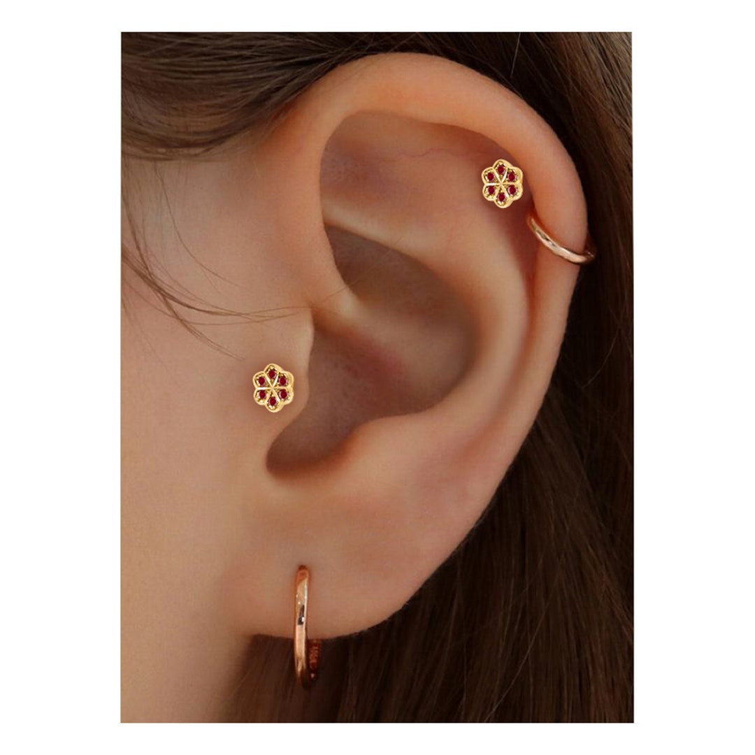 14k Gold Ruby Flower Cartilage Piercing: 16G Helix Tragus Earring - Etsy