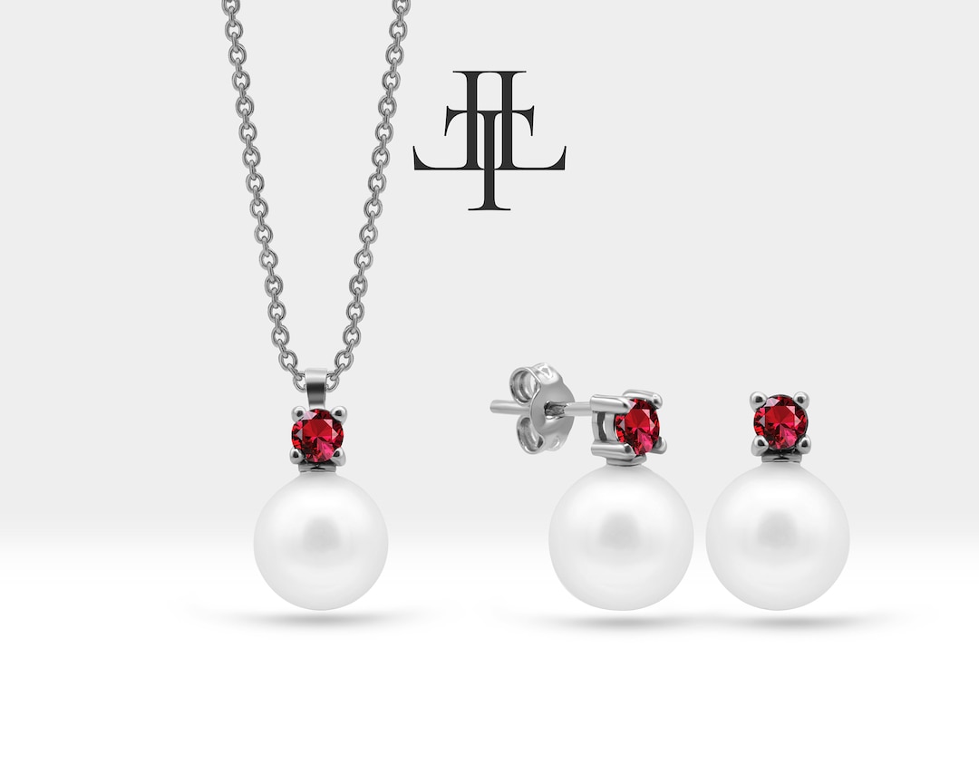 14K Solid Gold Pearl Ruby Jewelry Set: Bridal Necklace and Earrings - Etsy