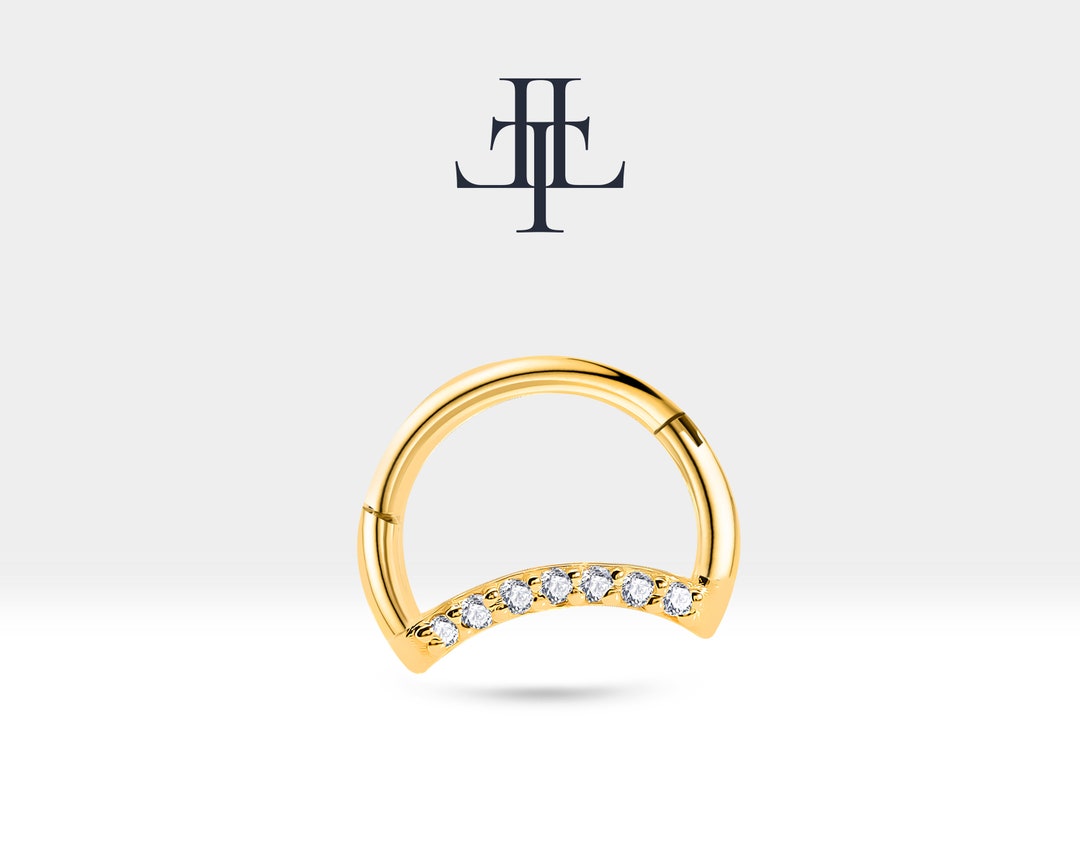 14K Gold Diamond Moon Daith Clicker, Crescent Septum Ring, Real ...