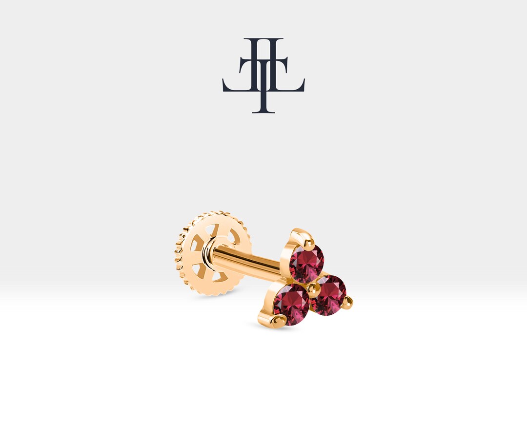 14K Gold Ruby Tragus Piercing: Three Stone Cartilage Earring (16G ...