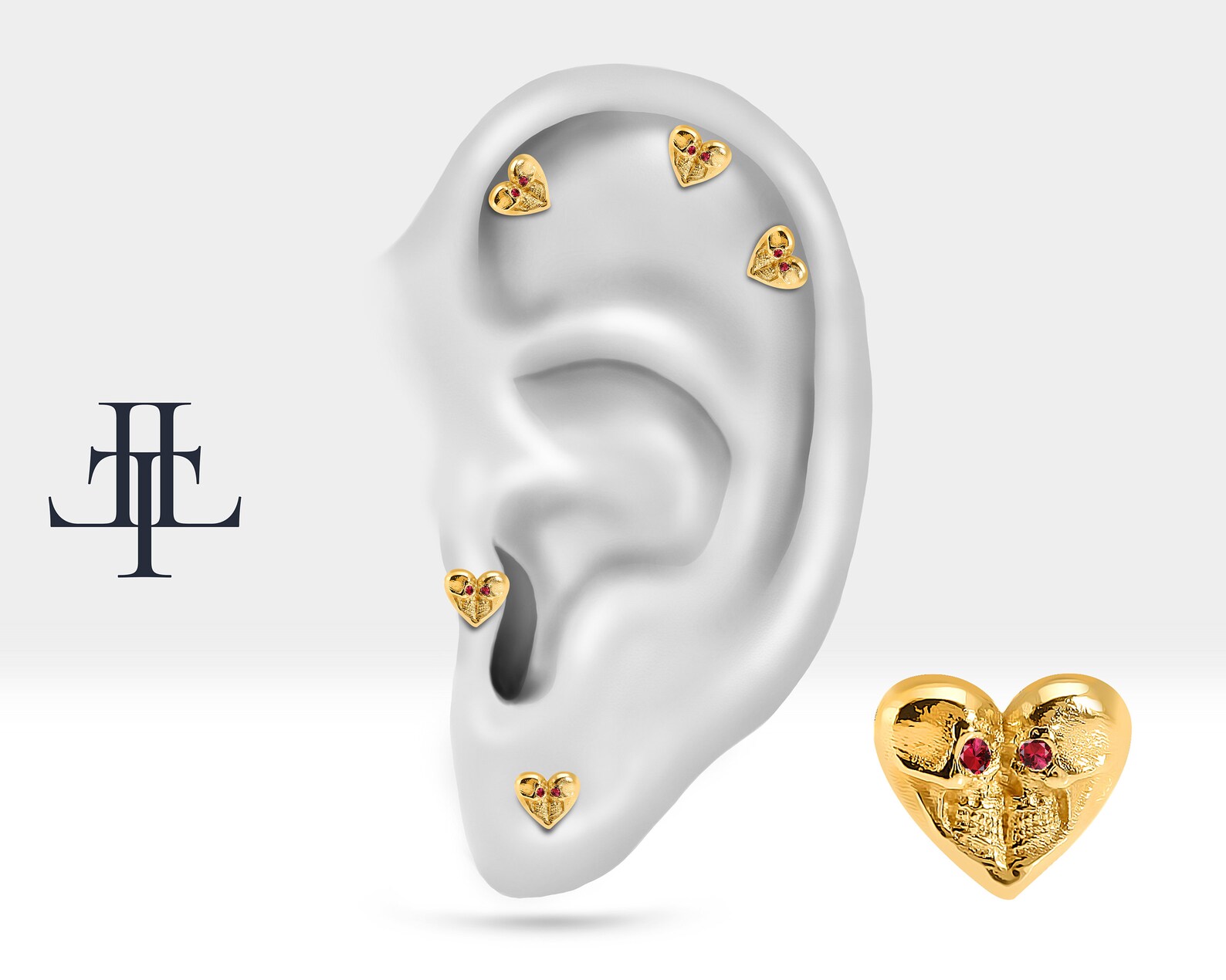 14K Gold Heart Skull Piercing With Ruby: 16G Cartilage Helix Tragus - Etsy
