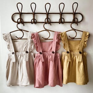 100% Linen Girls Pinafore Pinny Dress Mustard , Dusty Pink, Green and ...