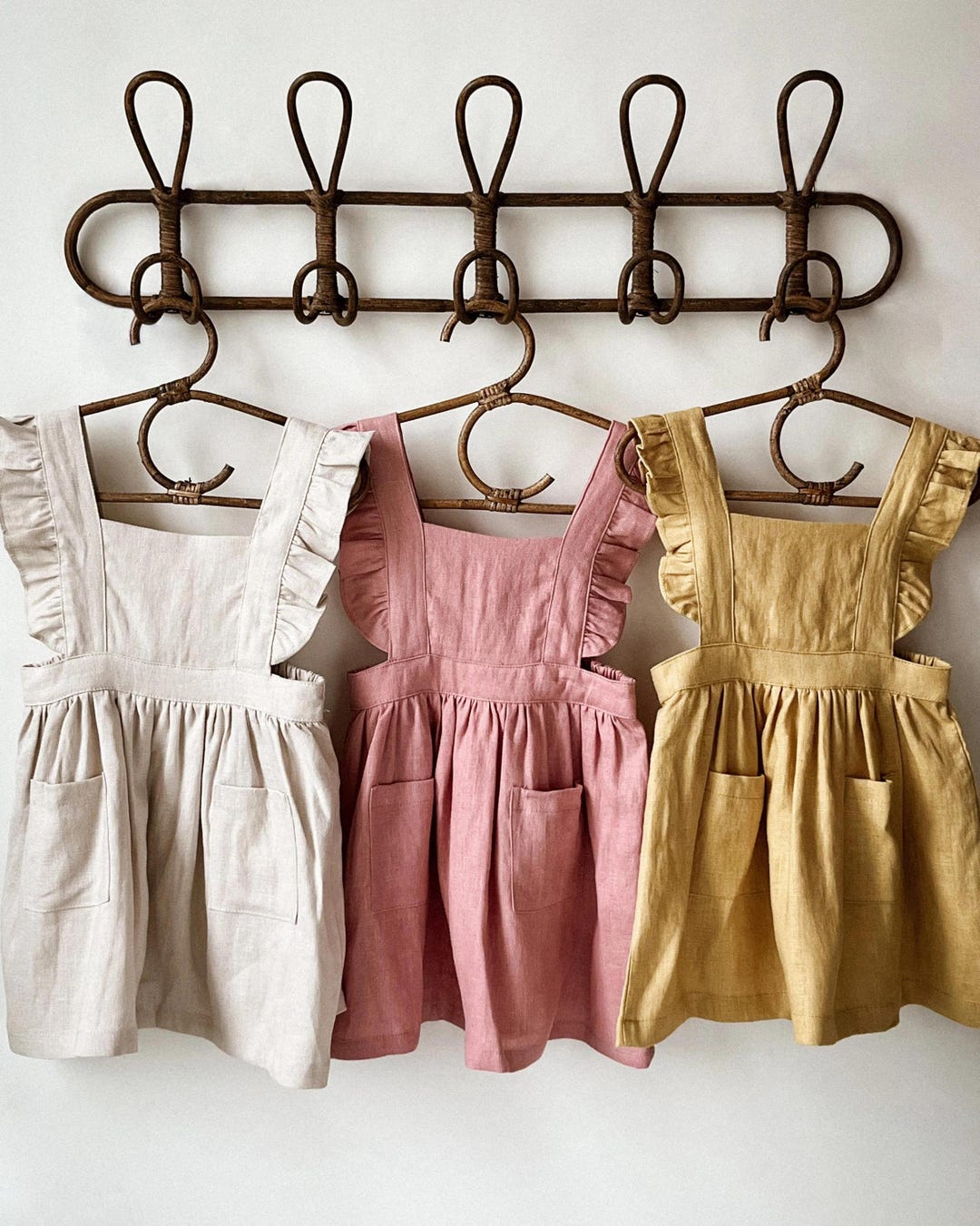 100% Linen Girls Pinafore Pinny Dress Mustard , Dusty Pink, Green and ...