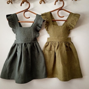 100% Linen Girls Pinafore Pinny Dress Mustard , Dusty Pink, Green and ...