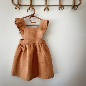 100% Linen Girls Pinafore Pinny Dress Mustard , Dusty Pink, Green and ...
