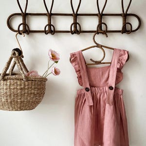100% Linen Girls Pinafore Pinny Dress Mustard , Dusty Pink, Green and ...