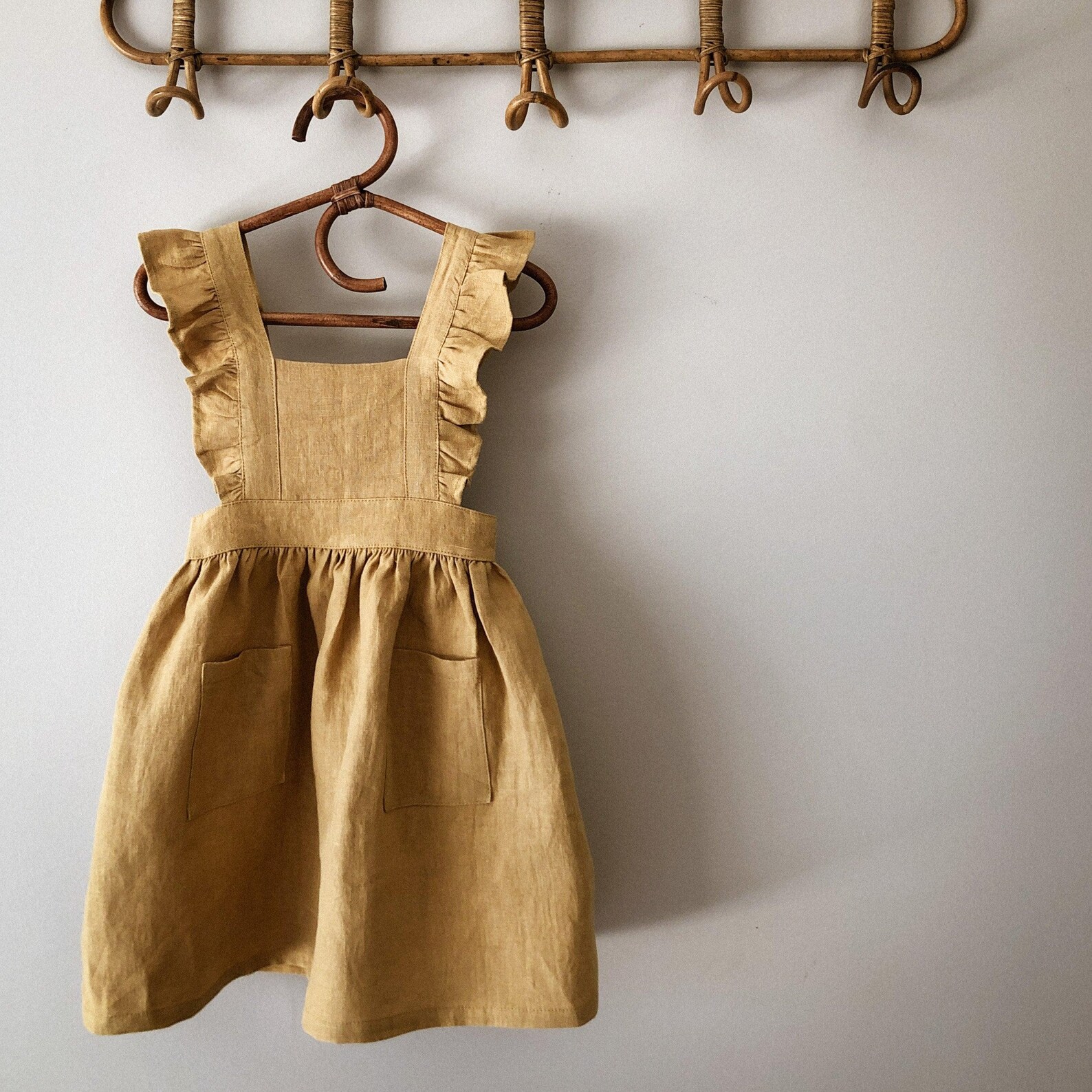 100% Linen Girls Pinafore Pinny Dress Mustard , Dusty Pink, Green and ...